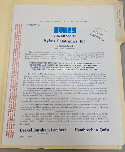 Vintage 1980 Sykes Datatronics Common Stock Preliminary Prospectus ...