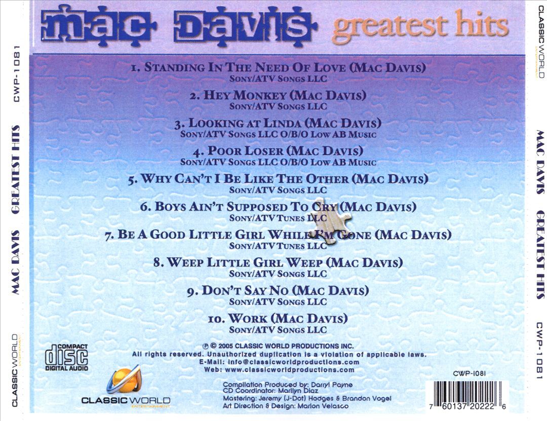 Mac Davis Greatest Hits by Davis, Mac (CD, 2019) for sale online | eBay