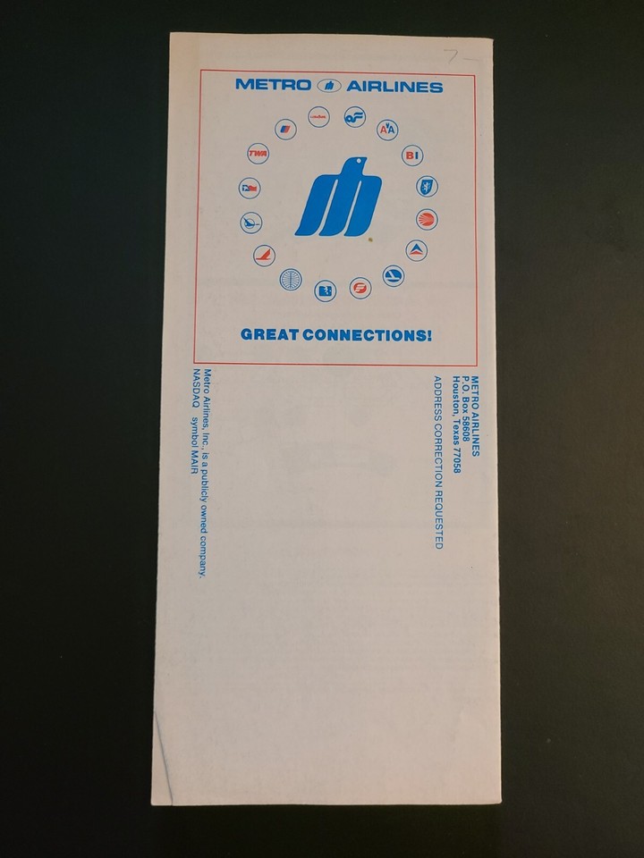 Metro Airlines System Timetable 1/1/1982 | eBay