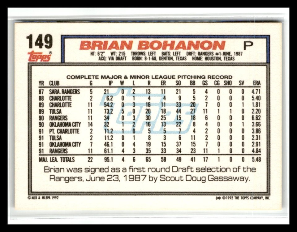 Brian Bohanon 1992 Topps #149 Texas Rangers | eBay