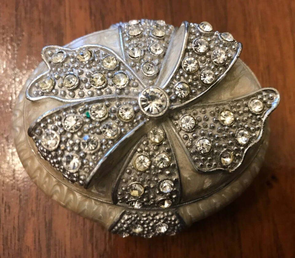 VTG ENAMEL PEARLIZED TRINKET BOX RING BOX LG RHINESTONE BOW MAGNETIC ...