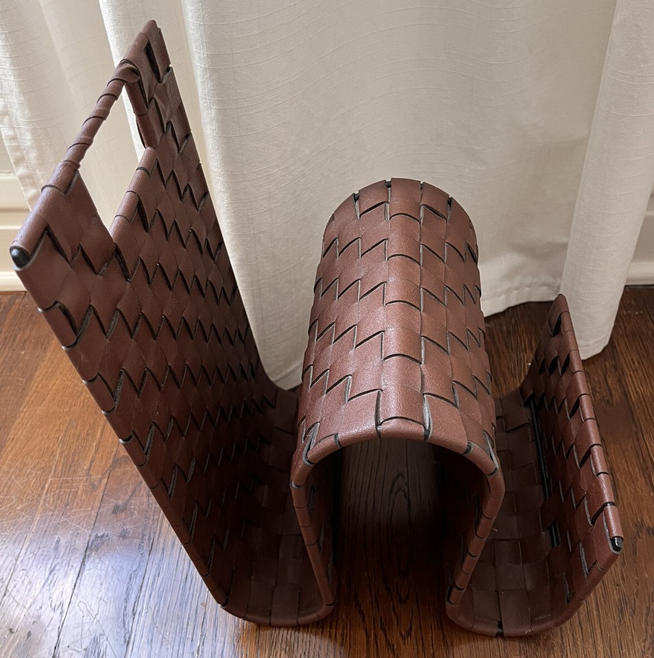 Vintage Magazine Rack Book Stand Curved Woven Leather-Like Vinyl Metal ...