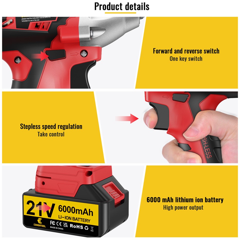 21V Cordless Impact Wrench 1/2"Driver Ratchet Rattle Nut Gun Set Red ...