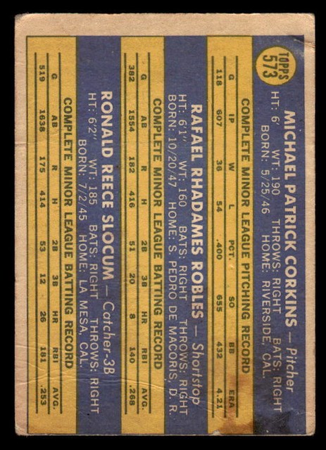 1970 Topps - 1970 Rookie Stars #573 Mike Corkins, Rafael Robles, Ron ...
