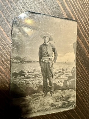 Antique Tintype Photo Cowboy Armed w Knife - Beach Scene w Sidewheel ...