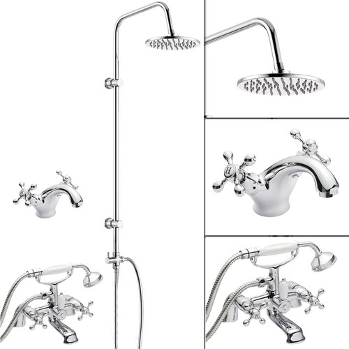 Traditional Bath Shower Mixer Tap With 3 Way Round Rigid Riser Kit ...