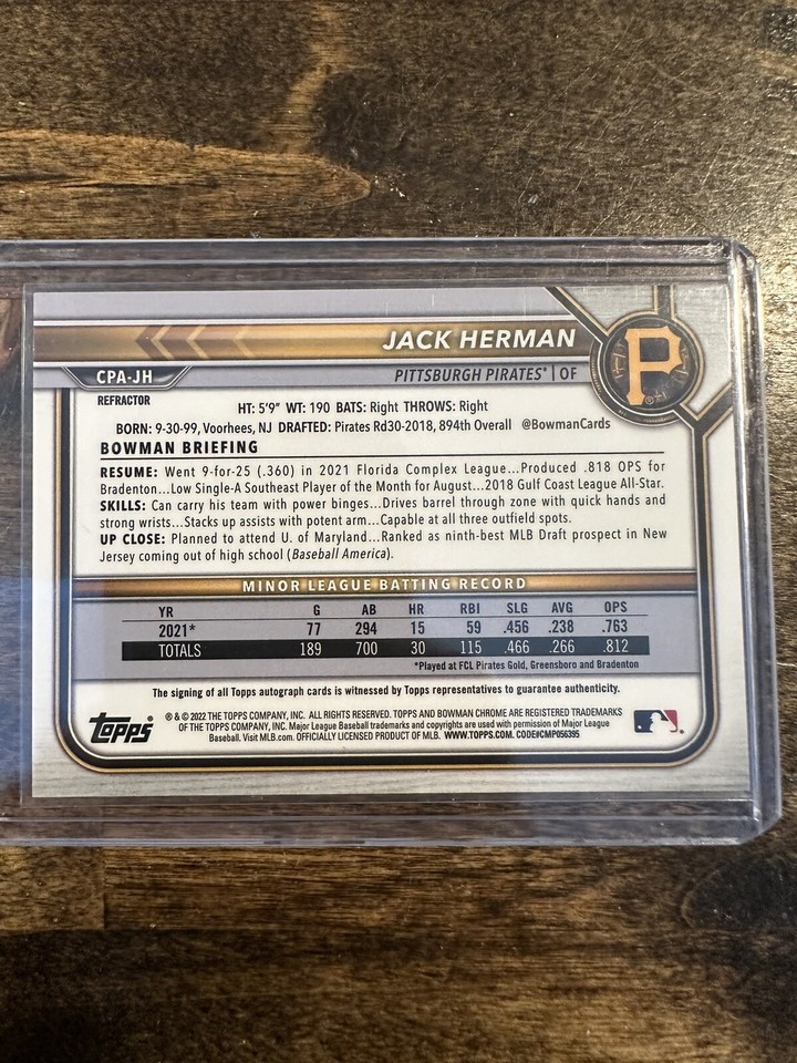 2022 Bowman Chrome Prospect Autographs Refractor #CPA-JH Jack Herman ...