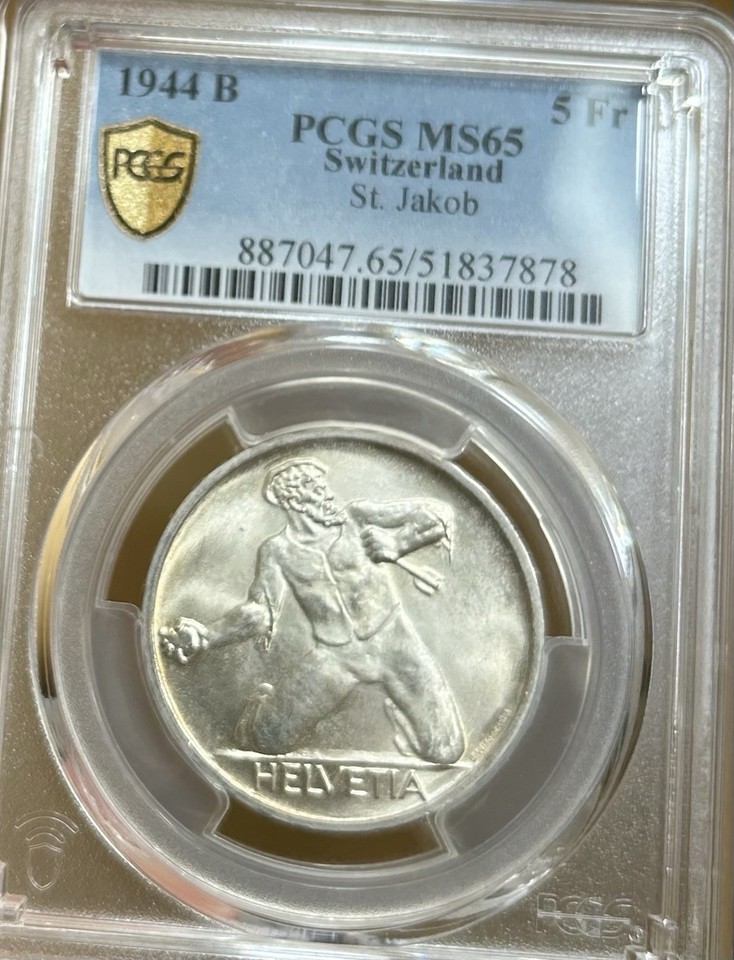 1944 B Switzerland St. Jakob 5 Francs Silve Coin PCGS MS65 -- High ...