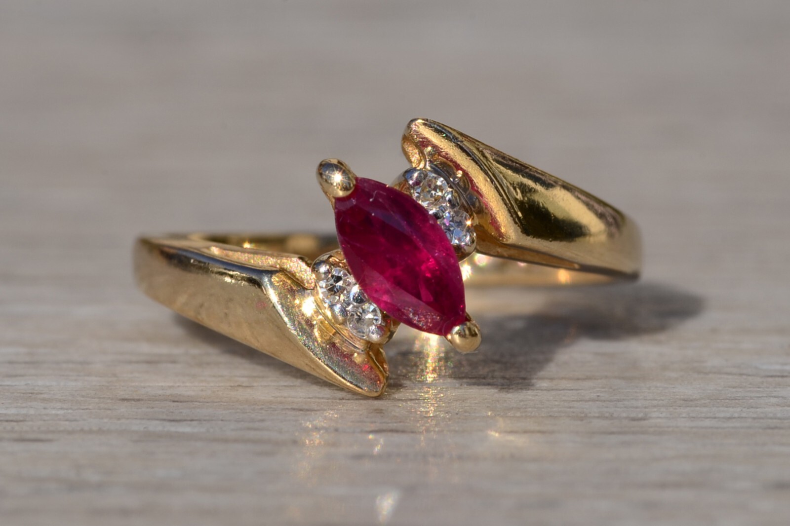 Ladies 14K Gold Bypass Ring set with Marquise Ruby and Diamonds | eBay