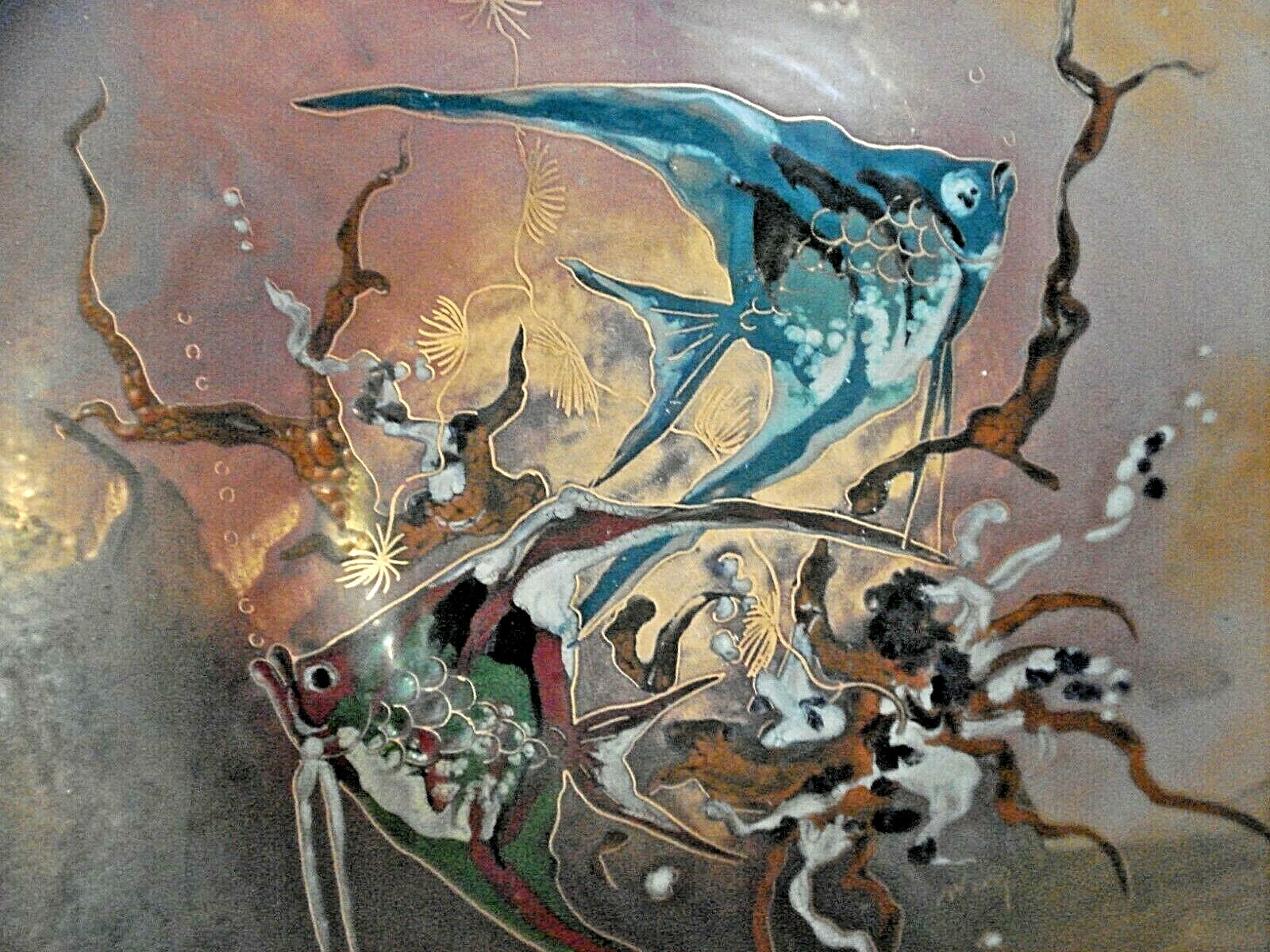 RARE 1940's Angel Fish Enamel Cloisonné Copper bowl signed Artist WENZ ...