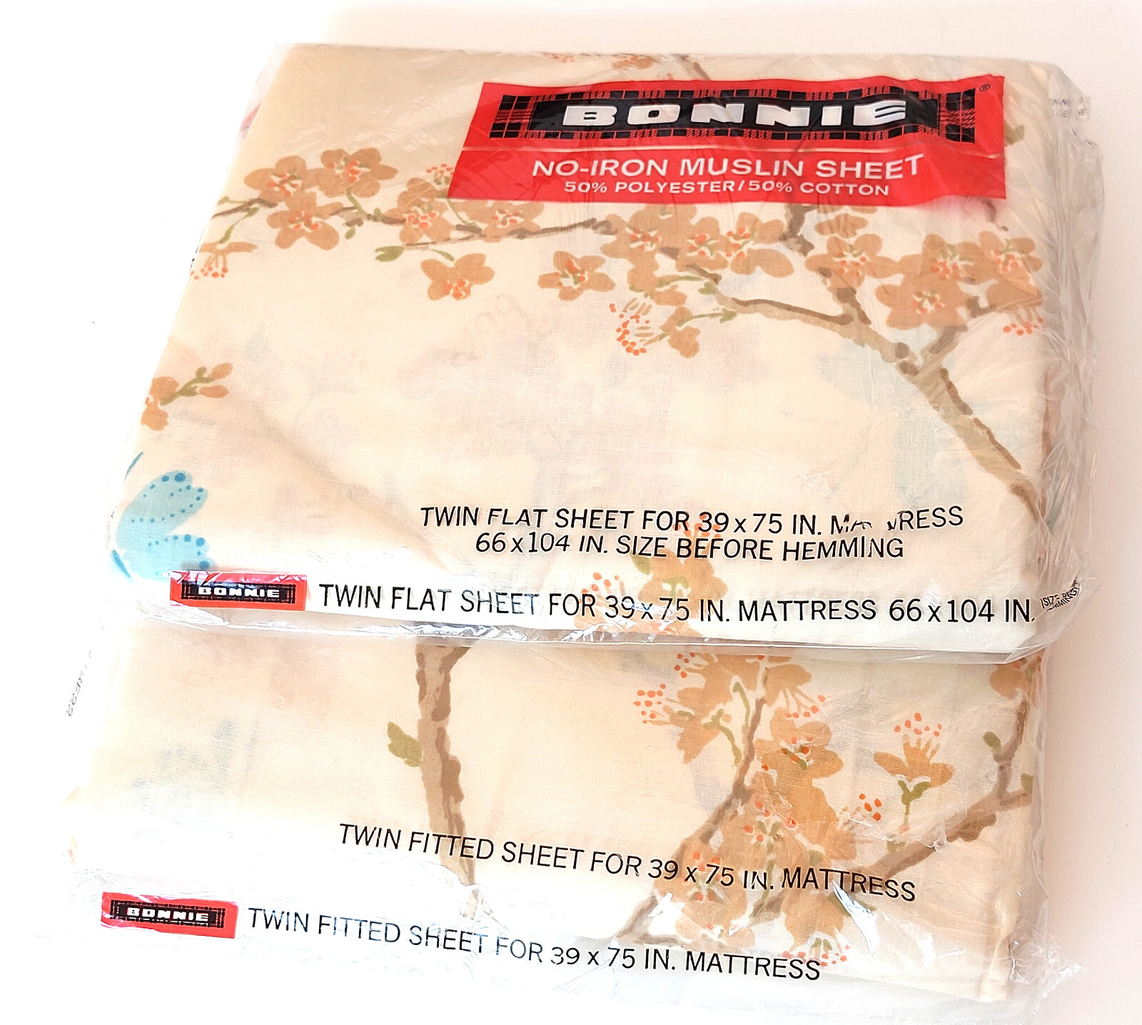 Bonnie NOS Vtg No Iron poly/cotton Muslin Sheet Set FLAT & FITTED TWIN ...