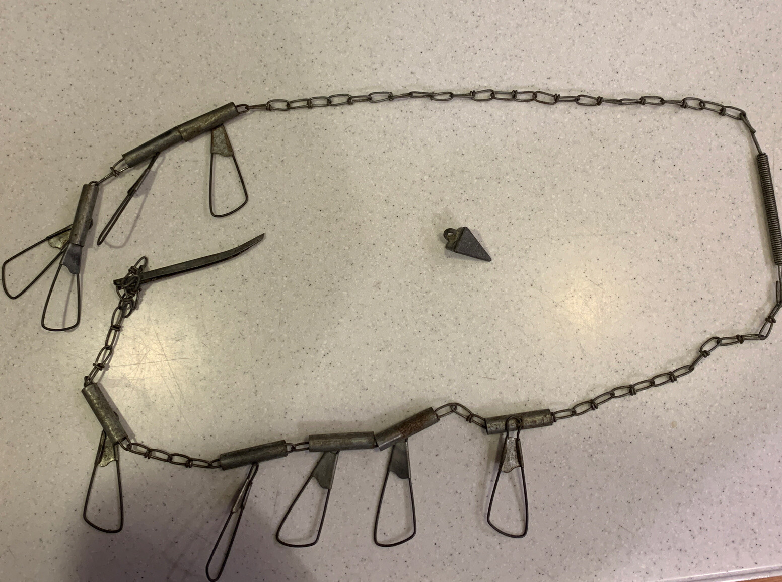 Vintage Chain Metal Fishing 9 Hook Stringer & 3oz Pyramid Lead Weight ...