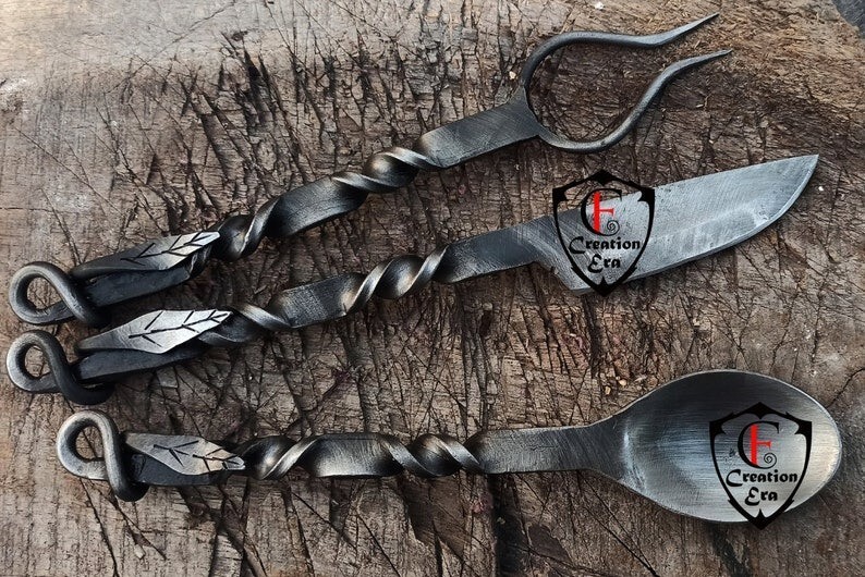 Medieval Cutlery Set Hand Forged Iron Spoon, Knife & Fork Viking Feast ...