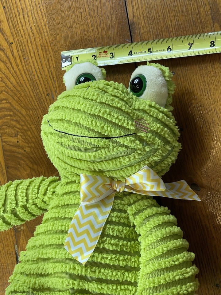 HUG FUN Stuffed CHENILLE Green Frog Plush 15” Yellow Chevron Ribbon ...
