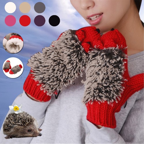 Women Girls Knitted Winter Gloves Cute Hedgehog Mittens Windproof Warm ...