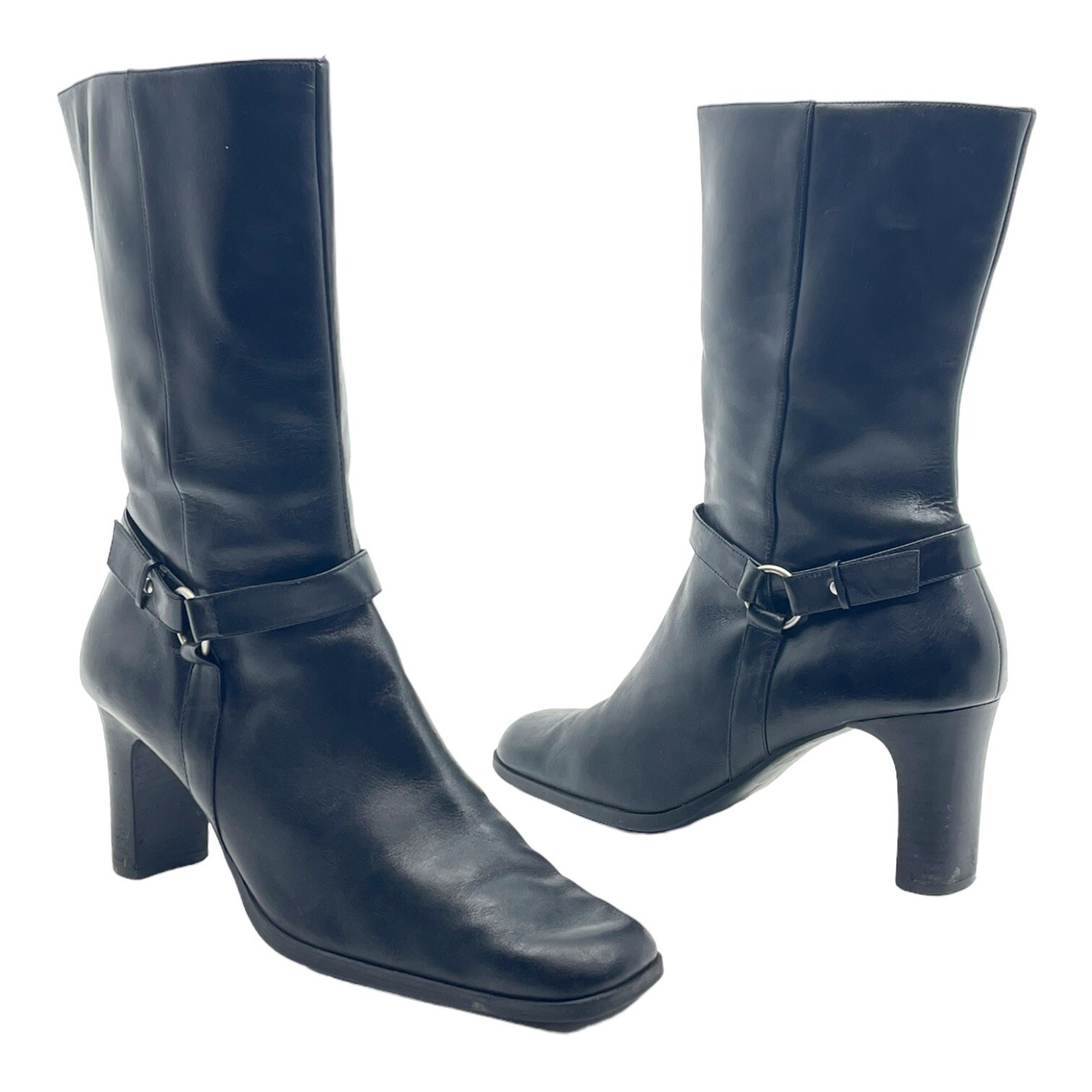 Vintage 00's Leather BASS Square Toe Block Heel Harness Boots Booties ...