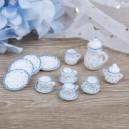 15Pcs 1:12 Dollhouse miniature blue dot tableware porcelain coffee tea ...