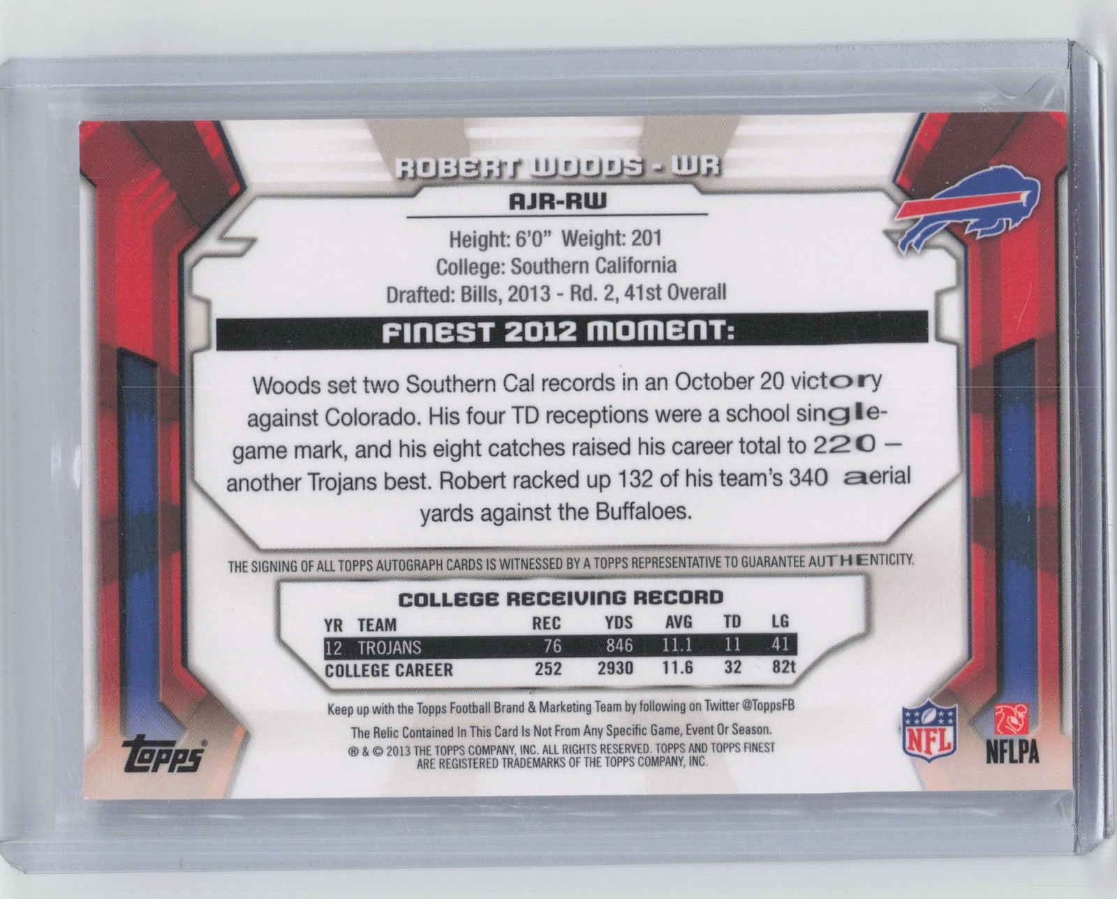 2013 Topps Finest #AJR-RW Robert Woods RC Prism Patch Auto #/25 | eBay