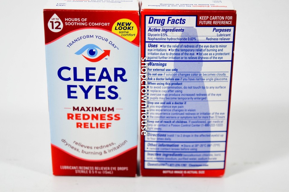 2 Clear Eyes MAXIMUM REDNESS RELIEF Sterile Eye Drops 0.5 fl oz box 06/ ...
