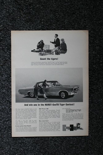Vintage Pontiac GTO black & white magazine ad - 1965; Hurst GeeTO Tiger ...