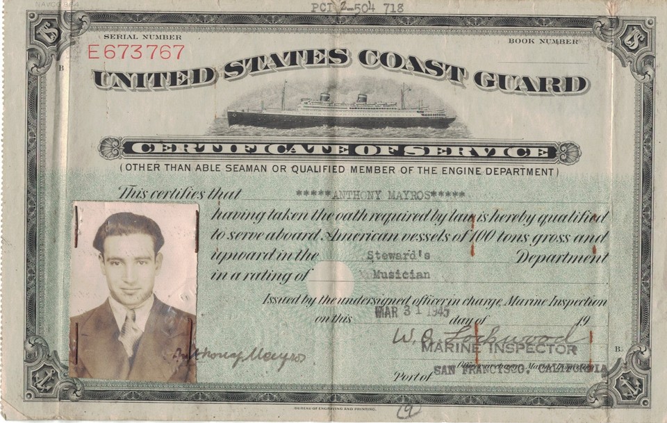 Merchant Seaman's Certificate of Identification, of service -US Coast ...