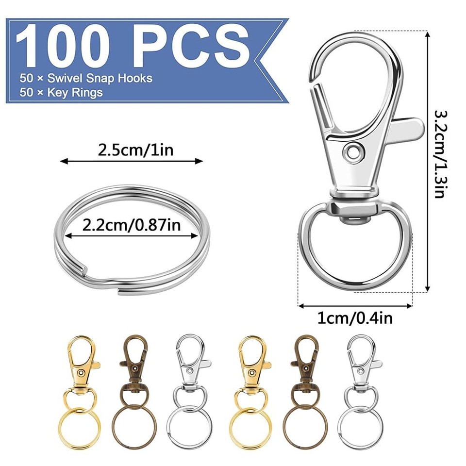 100Pcs Metal Swivel Snap Hooks with Key Chain Rings, Gold Lobster Claw ...