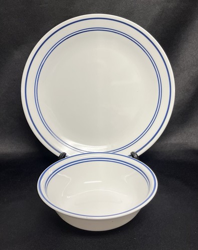 Corelle Livingware CLASSIC CAFE BLUE Dinner Plate & Bowl 3 Blue Bands ...