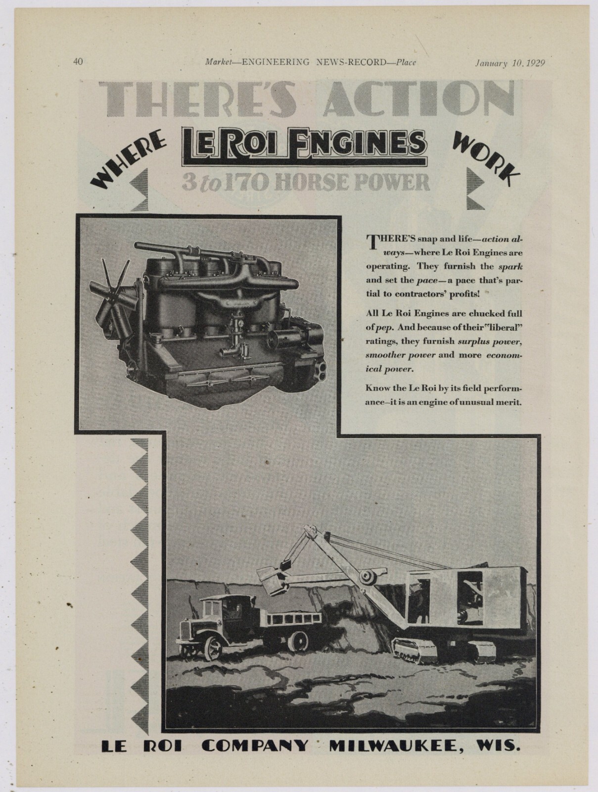 1929 Le Roi Co. Ad: 3-170 HP Engines - There's Action Where Le Roi ...