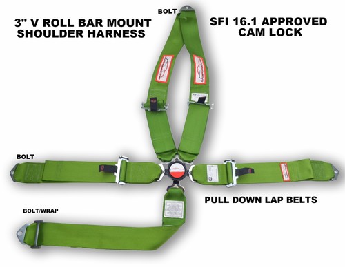 5 POINT CAM LOCK RACE HARNESS SFI 16.1 V ROLL BAR MOUNT 3" WEBBING BOLT ...