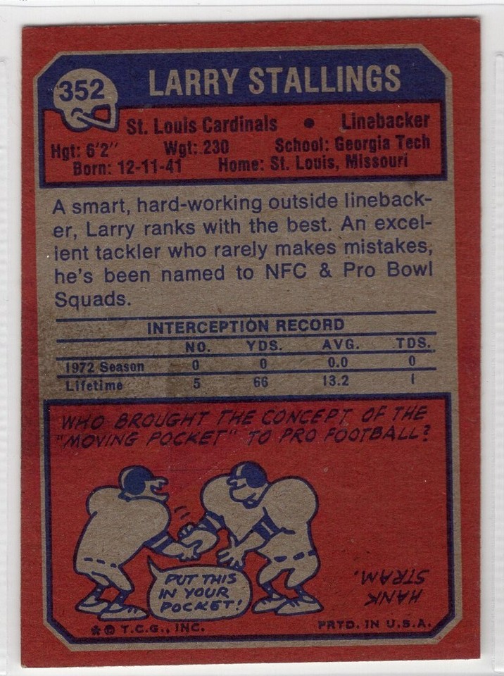1973 Topps Football Card #352 Larry Stallings | eBay
