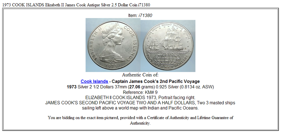 1973 COOK ISLANDS Elizabeth II James Cook Antique Silver 2.5 Dollar ...