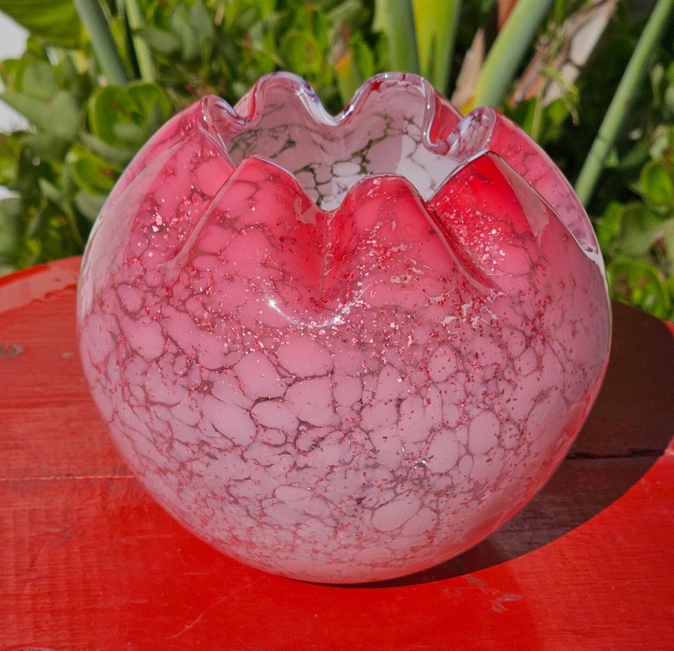 Gorgeous Circa 1900 Antique Pink Confetti Glass Rose Bowl w Metallic ...