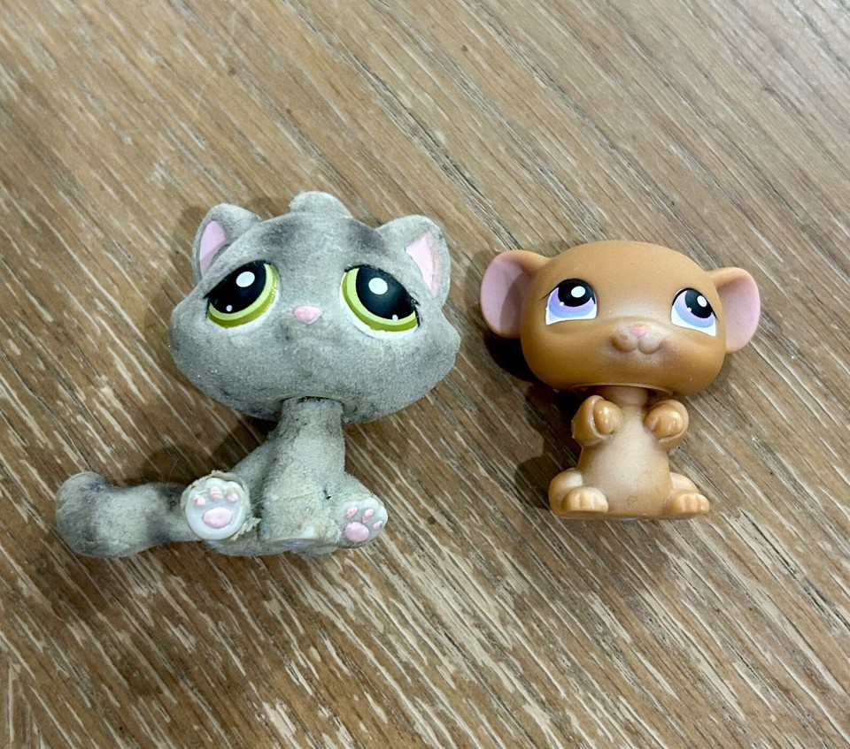 Authentic Littlest Pet Shop LPS Cat Kitten 323 Mouse 324 Fuzzy Grey ...