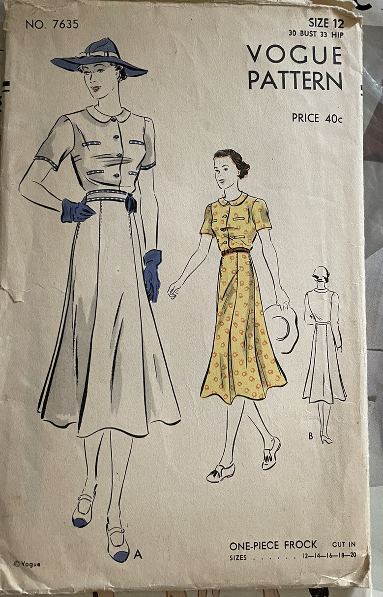 30s Uncut Vogue 7635 Dinner Dress Pockets Peter Pan Collar # ...