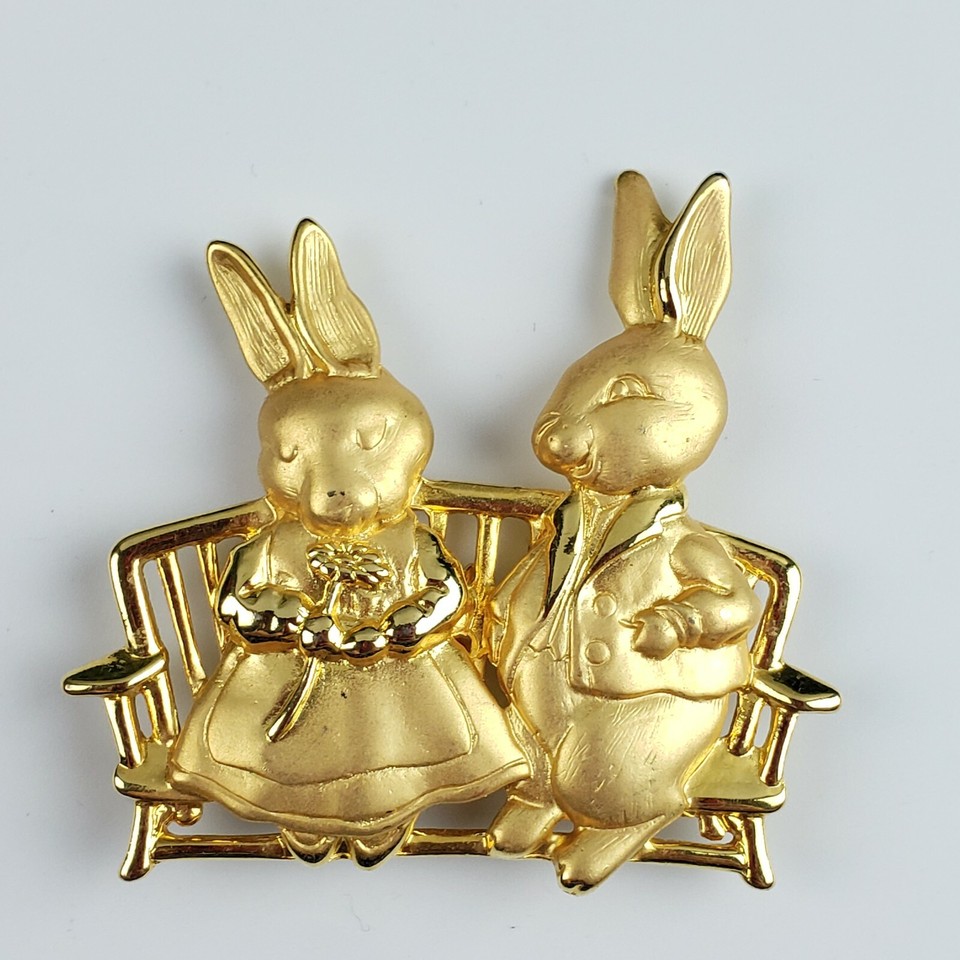 JJ Bunny Rabbits on Bench Gold tone Brooch Signed Pin | eBay