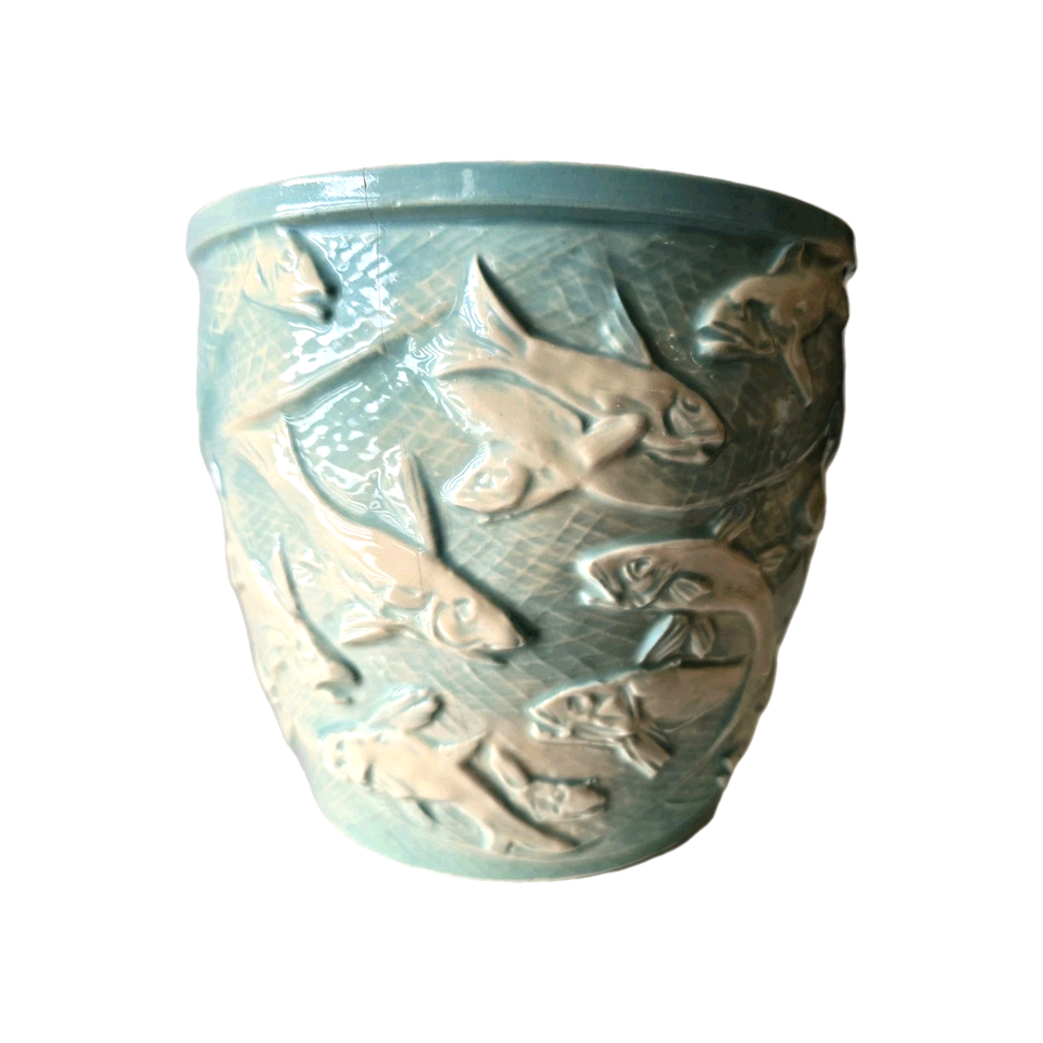 Vtg McCoy POTTERY Flower POT Fish NETS Fishing TURQUOISE Rare HTF 412 As-Is READ | eBay