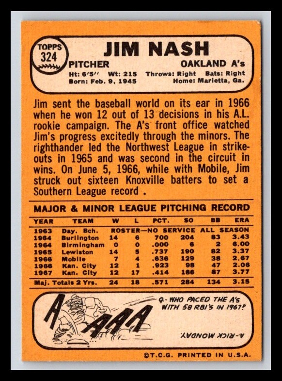 1968 Topps #324 Jim Nash EX or Better | eBay