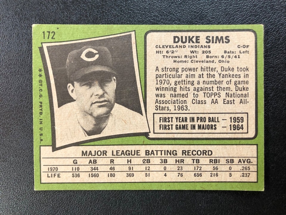 DUKE SIMS 1971 TOPPS VINTAGE BASEBALL CARD #172 INDIANS | eBay