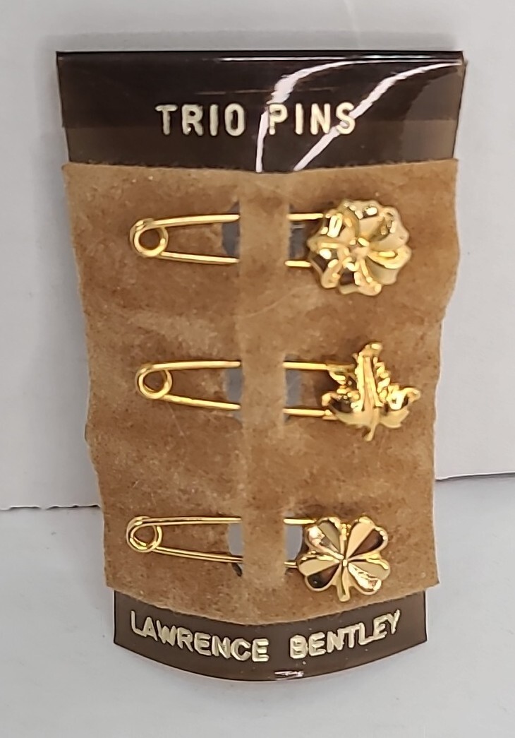 Lawrence Bentley Gold Trio Pins 3 Pack Safty Pins Clover Leef Pinwheel ...