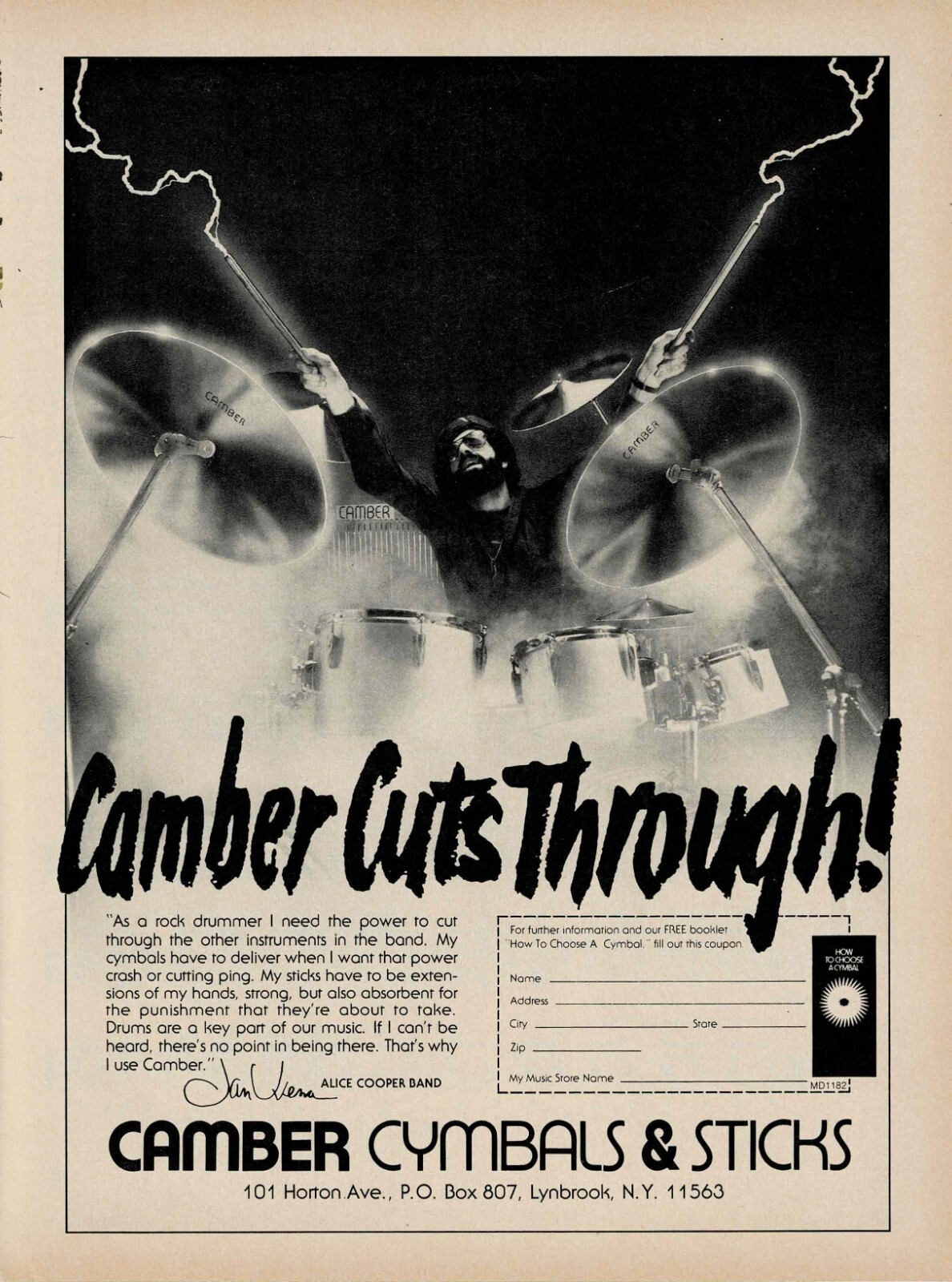 Jan Uvena of Alice Cooper Band - Camber Cymbals & Sticks - 1982 Print ...