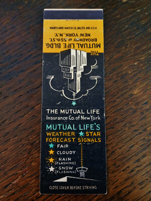 Vintage Matchbook: Mutual Life Insurance Weather Beacon, New York, NY ...