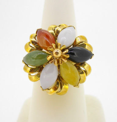 Ring 14K yellow gold MULTI COLOR JADE cluster blk yel grn red lav whit ...