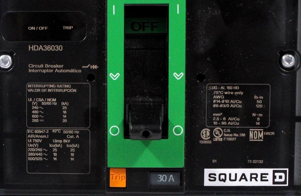 Square D HDA36030 Breaker 30A 600V 3P 3PH 14kA PowerPacT H I-Line ...
