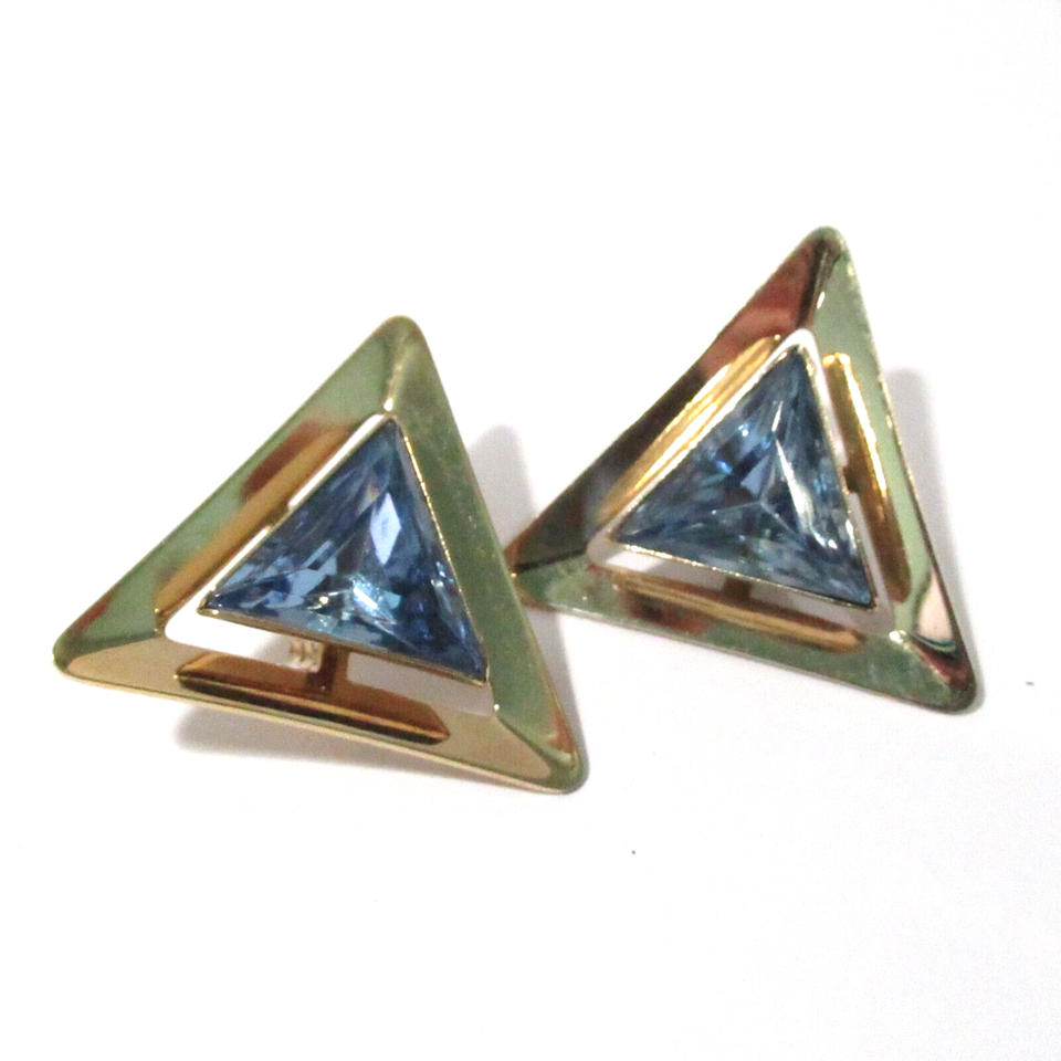 EmJ Vintage Emmons Blue Glass and Gold Tone Triangle Geometric Clip On ...