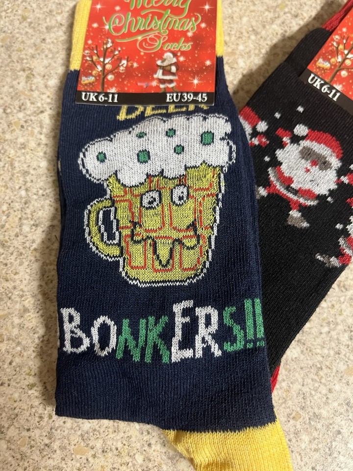 Men's Christmas Novelty Socks - Beer Bonkers & Santa Print (2 Pairs) UK ...