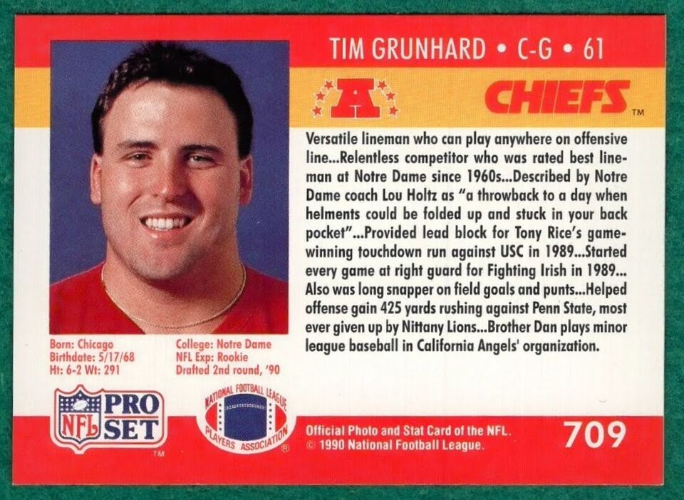Tim Grunhard - 1990 Pro Set #709 - Kansas City Chiefs Football Card ...