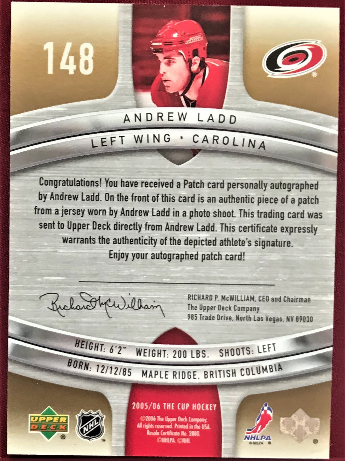 Andrew Ladd Patch / Autograph Gold rookie card 148 - 12 / 16, 2005 06 ...