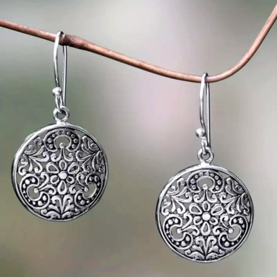 Hollow Flower Pattern Round Dangle Earrings Retro Boho Silver Plated ...