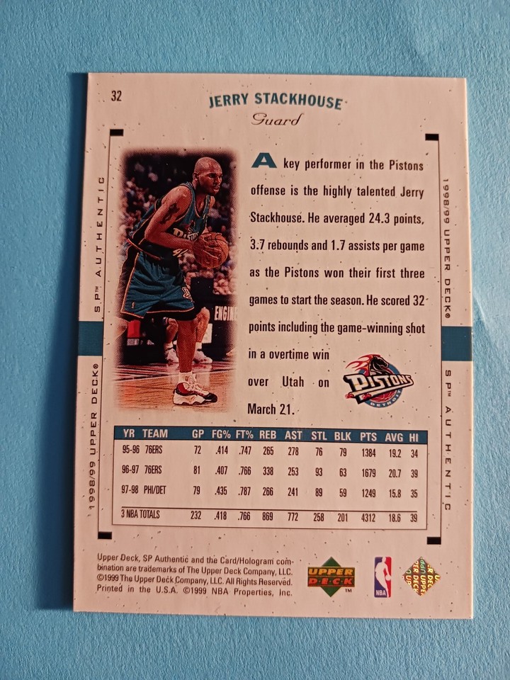 1998-99 SP Authentic Jerry Stackhouse Detroit Pistons #32 | eBay