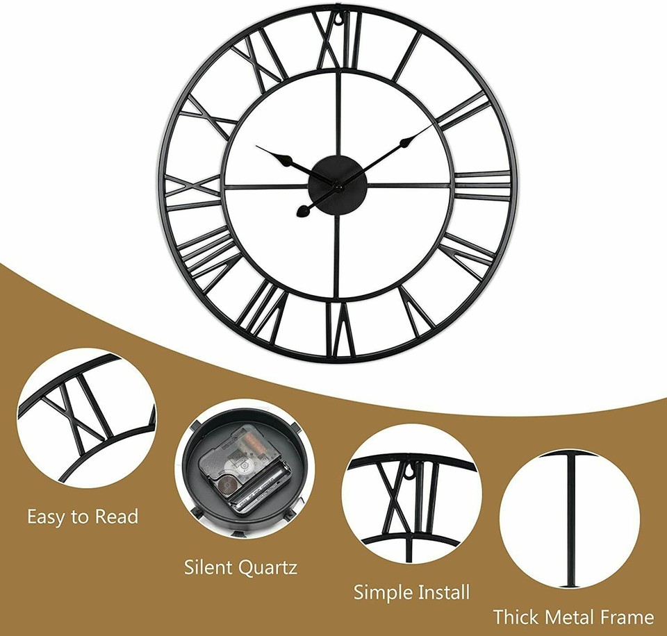 60CM Large Outdoor Garden Wall Clock Big Roman Numerals Giant Open Face ...